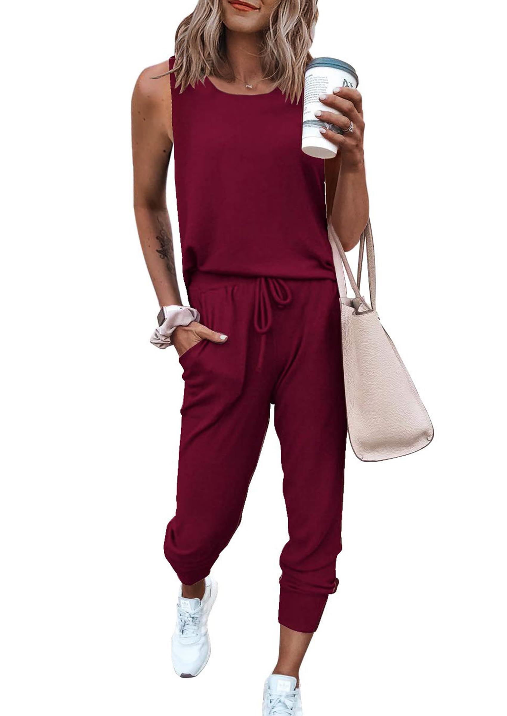 PRETTYGARDEN Women's Two Piece Outfit Sets Casual Summer Sleeveless Crewneck Tops and Sweatpants Active Tracksuit Lounge Wear (Wine Red,Medium)