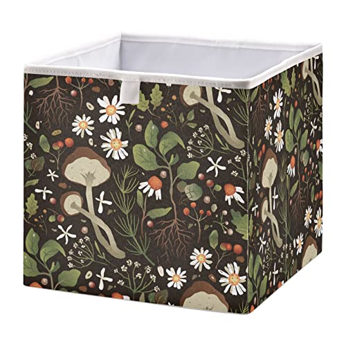 Kigai Mushroom Daisy Cube Storage Bin, 11x11x11 in Collapsible Fabric Storage Cubes Organizer Portable Storage Baskets for Shelves, Closets, Laundry, Nursery, Home Decor
