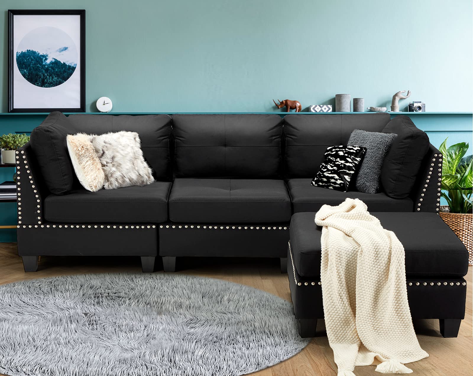 Esright 88.6” Convertible Sectional Sofa Couch with Ottoman, Modern Tufted Linen Fabric L-Shaped Couch with Reversible Chaise, Suitable for Office,Living Room and Hotel Lobby, Black