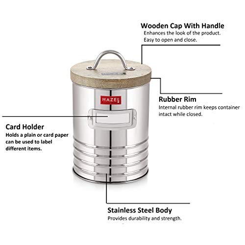 HAZEL Stainless Steel Storage Jar Container With Wood Lid, Set of 3, 1400 ML, Silver
