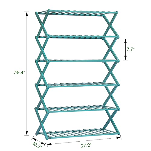 MoNiBloom Folding Shoe Rack for Entryway, Bamboo 6 Tier Stackable Installation-Free Shoe Storage Cabinet for 21-25 Pairs For Boots Heels Sandals Slippers, Green