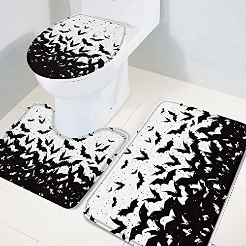 Fancyine 3 Pieces Bath Rugs Sets Halloween Spooky Flying Bats Soft Non-Slip Absorbent Toilet Seat Cover U-Shaped Toilet Mat for Bathroom Decor Black White