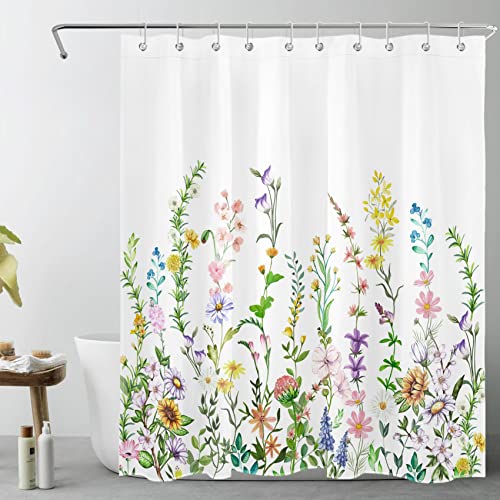 Spring Floral Shower Curtain Decor,Colorful Country Wildflower and Sunflower Green Leaf Plant Shower Curtains for Bathroom 60X72 inch Polyester Fabric Bathroom Decoration Bath Curtains Hooks Included