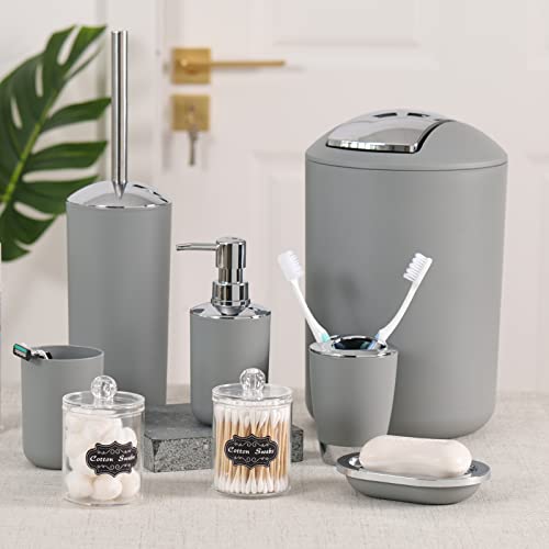 Fixwal Bathroom Accessories Set 8 Piece Plastic Gift Set Trash Can Toothbrush Holder Toothbrush Cup Soap Dispenser Soap Dish Toilet Brush Holder 2 Qtip Holder Dispensers with Labels (Gray)