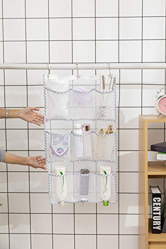 ALYER 9 Pockets Big Mesh Shower Caddy Hanging Bathroom Storage Organizer with 3 Rings (Stripe)