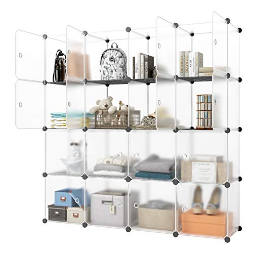 KOUSI Portable Storage Cube Organizer Cube Storage Shelves Cube Shelf Room Organizer Clothes Storage Cubby Shelving Bookshelf Toy Organizer Cabinet (Transparent, 4x4 Cubes)