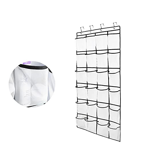 24-Pocket Over-The-Door Shoe Rack and Organizer, Hanging Closet Holder Storage Bag with 24 Large Mesh Pockets, White/Black (White Mesh)