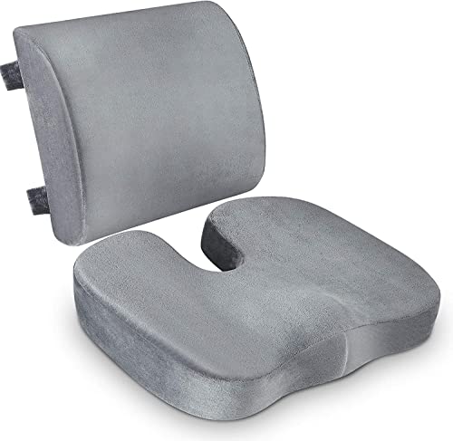 Seat Cushion & Lumbar Support Pillow for Office Chair, Car, Wheelchair Memory Foam Chair Cushion for Sciatica, Lower Back&Tailbone Pain Relief Desk Pad with Adjustable Strap Washable Cover Grey
