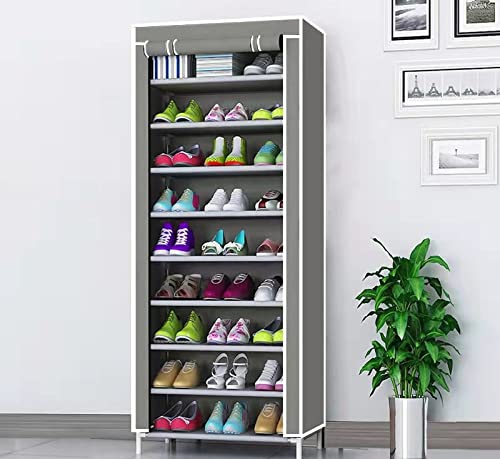 Fansdurack Shoe Rack-Shoe Rack Storage Organizer 10 Tier Shelf 9 Tier Non-Woven Compartment Portable Shoe Rack With Dustproof Cover Vertical Shoe Rack for Cloest Easy to Assembly (Grey)