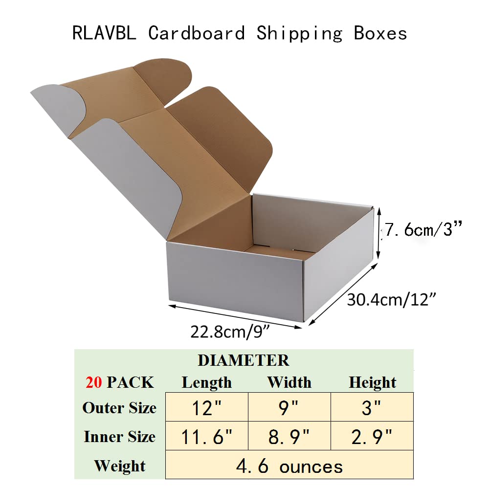 RLAVBL 12x9x3 Inches Shipping Boxes Set of 20, White Corrugated Cardboard Box, Mailer Boxes for Packing Small Business