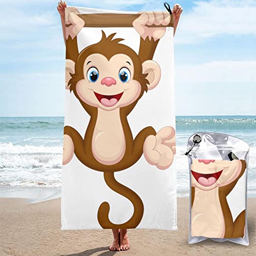 Quick Dry Towel Cartoon Monkey Beach Towel Microfiber Quick Dry Sand Free Towel Travel Beach Towels with Pocket for Women Men Lightweight Beach Towel Pool Swimming Gym Travel Gift