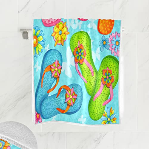 Summer Turquoise Hand Bath Towel Flip Flops Fingertip Towel Sunflower Flowers Butterfly Kitchen Bathroom Towel Set Highly Absorbent SPA Gym Guest towels 16x30 Inch