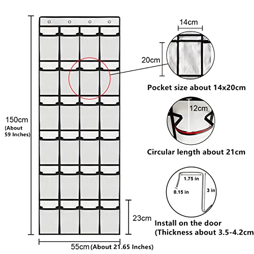 24-Pocket Over-The-Door Shoe Rack and Organizer, Hanging Closet Holder Storage Bag with 24 Large Mesh Pockets, White/Black (White Mesh)