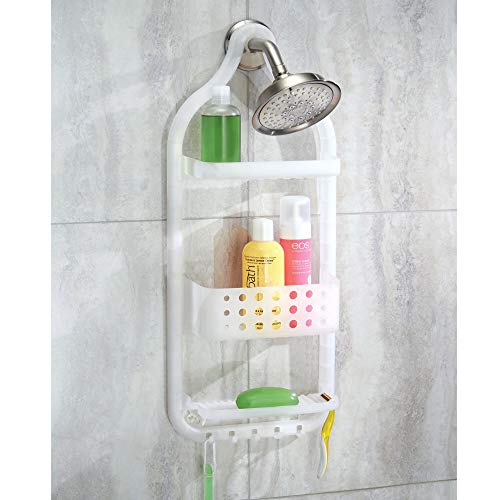 iDesign Circlz Plastic Hanging Shower Caddy, Extra Space for Shampoo, Conditioner, and Soap with Hooks for Razors, Towels, Loofahs, and More, 5" x 10.6" x 26", Frost White