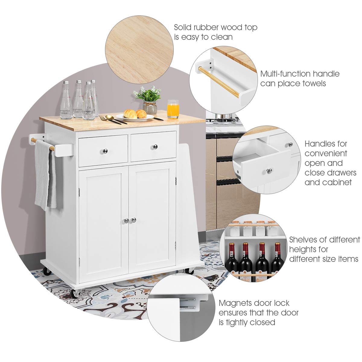 Giantex Kitchen Island Cart, Rolling Wood Trolley with Storage Cabinet, Towel Handle, 2 Drawers, Side Spice Rack and Wine Bottle Rack, Kitchen Cart on Wheels, Rubber Wood Countertop (White)