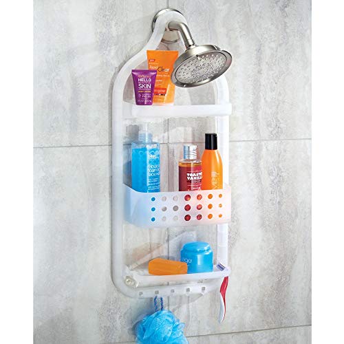 iDesign Circlz Plastic Hanging Shower Caddy, Extra Space for Shampoo, Conditioner, and Soap with Hooks for Razors, Towels, Loofahs, and More, 5" x 10.6" x 26", Frost White