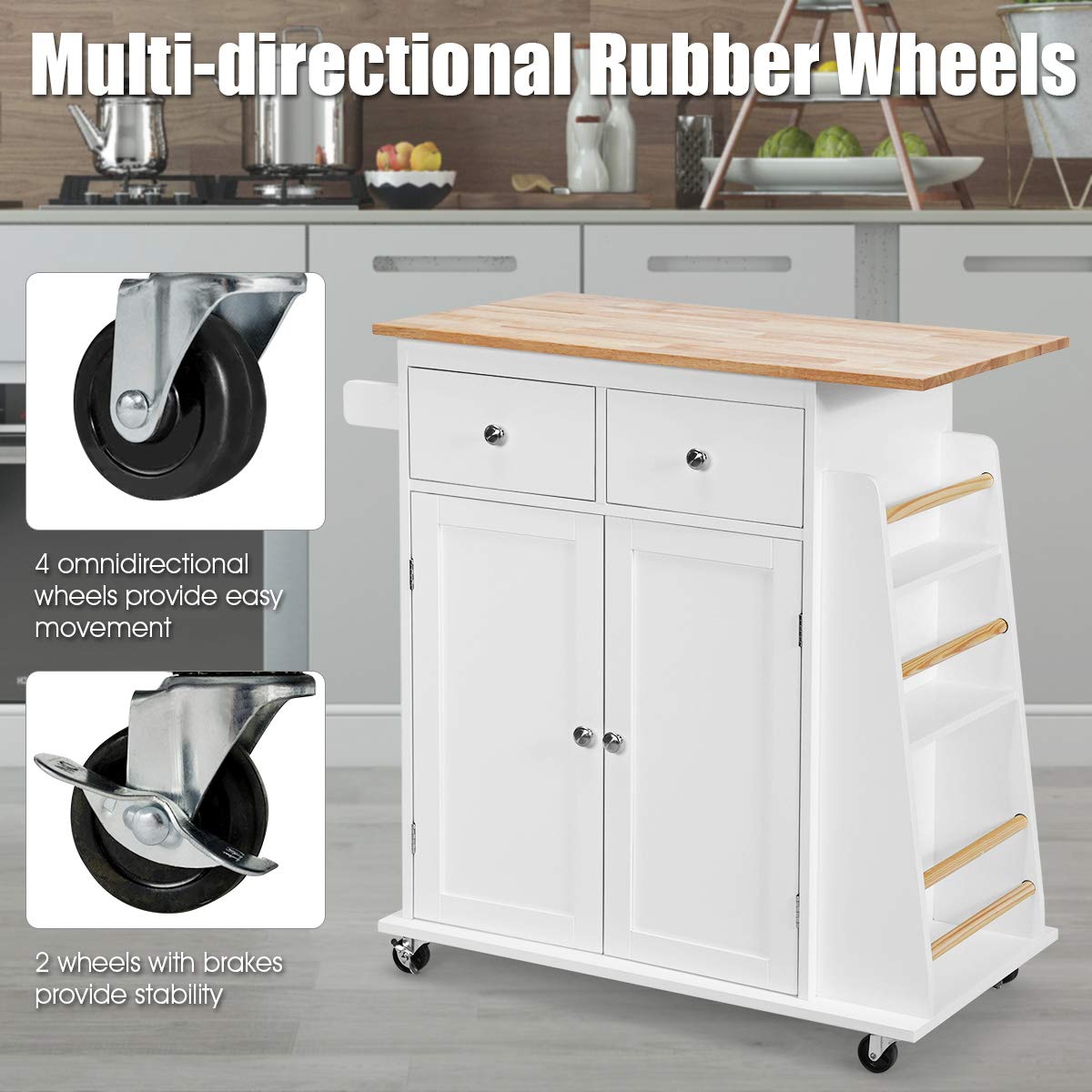 Giantex Kitchen Island Cart, Rolling Wood Trolley with Storage Cabinet, Towel Handle, 2 Drawers, Side Spice Rack and Wine Bottle Rack, Kitchen Cart on Wheels, Rubber Wood Countertop (White)