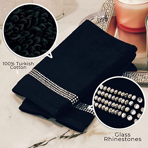Sparkles Home Rhinestone Stripe Fingertip Towel Set of 2 - Design Soft Luxury Hotel Quality Absorbent Towels for Aesthetic Bathroom Décor, Black