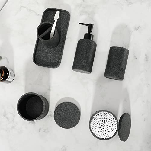 ZCCZ - Black Bathroom Accessories Set 6 Pcs - Lotion Soap Dispenser, 2 Qtip Holder Dispenser, Toothbrush Holder, Vanity Tray, Bathroom Tumbler - Decorative Countertop Vanity Organizer