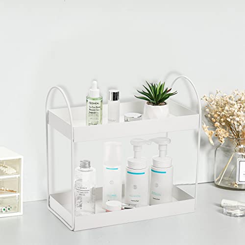 Hacaroa Bathroom Countertop Organizer with Handle, 2 Tier Kitchen Spice Rack Standing Shelf, Metal Cosmetic Makeup Storage Holder Vanity Tray Stand for Cabinet, Under Sink, White