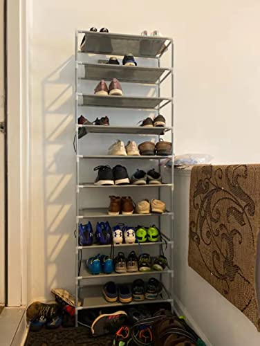 Fansdurack Shoe Rack-Shoe Rack Storage Organizer 10 Tier Shelf 9 Tier Non-Woven Compartment Portable Shoe Rack With Dustproof Cover Vertical Shoe Rack for Cloest Easy to Assembly (Grey)