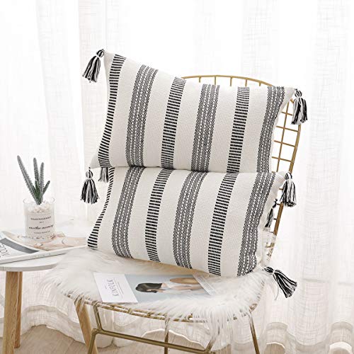 SEEKSEE Black and White Stripes Hand-Woven Rectangular Waist Throw Pillow Covers, Stylish Modern Minimalist Design for Sofa, Bedroom, Living Room(Lumbar 12 x 20 Inches,1PC)…