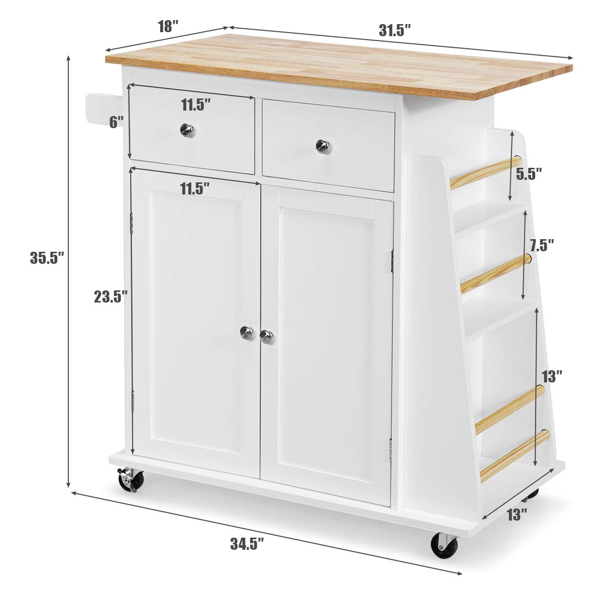 Giantex Kitchen Island Cart, Rolling Wood Trolley with Storage Cabinet, Towel Handle, 2 Drawers, Side Spice Rack and Wine Bottle Rack, Kitchen Cart on Wheels, Rubber Wood Countertop (White)