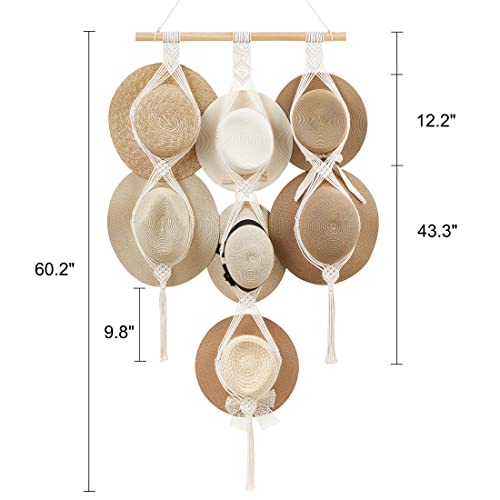 Dahey Macrame Hat Hangers Hat Rack for Wall Cowboy Hat Holder 7 Hats Style and Hat Organizer for Closet Hat Holder Organizer with 32 Stainless Steel Clips, Set of 2