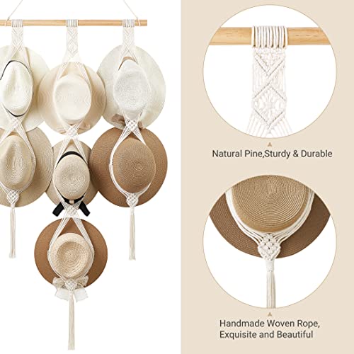 Dahey Macrame Hat Hangers Hat Rack for Wall Cowboy Hat Holder 7 Hats Style and Hat Organizer for Closet Hat Holder Organizer with 32 Stainless Steel Clips, Set of 2