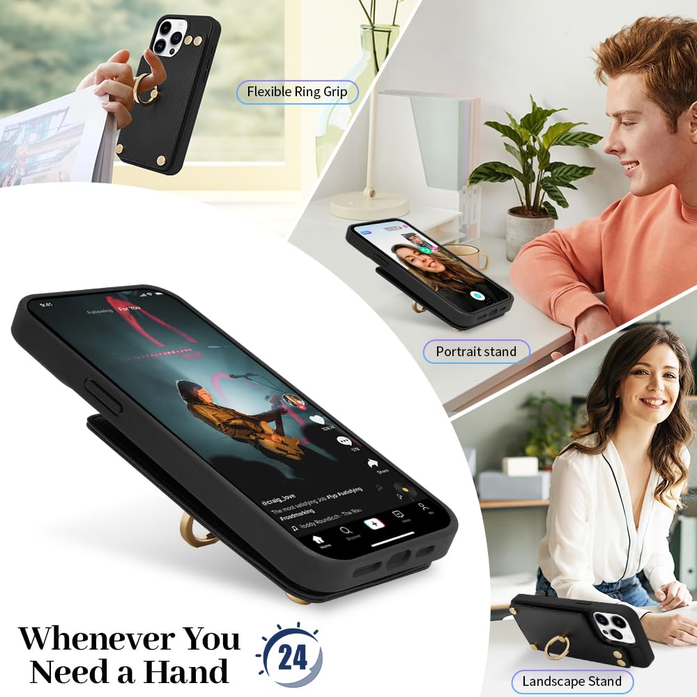 LAMEEKU for iPhone 12 Pro Max Wallet Case, Case with Card Holder Leather Cover 360°Rotation Ring Kickstand Protective Bumper Designed for Women Men for iPhone 12 Pro Max 6.7'' Black