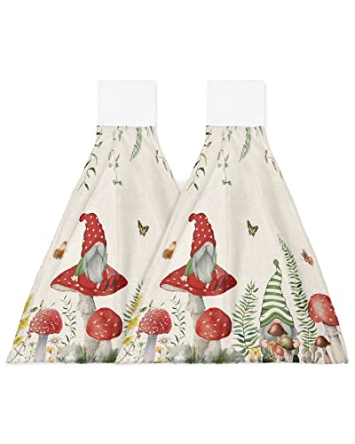 Mushroom Gnomes Hanging Kitchen Towels 2 Pack, Hand Towels with Hanging Loop for Bathroom, Spring Floral Teal Botanical Rustic Burlap Kitchen Hand Towels Absorbent Dish Cloths Tie Dry Towel 18"x14"