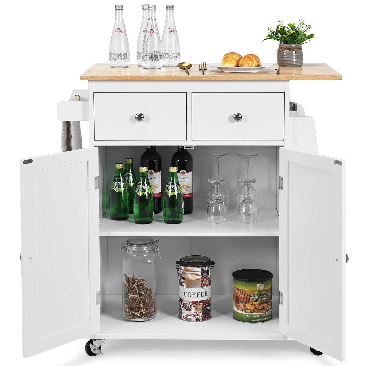 Giantex Kitchen Island Cart, Rolling Wood Trolley with Storage Cabinet, Towel Handle, 2 Drawers, Side Spice Rack and Wine Bottle Rack, Kitchen Cart on Wheels, Rubber Wood Countertop (White)