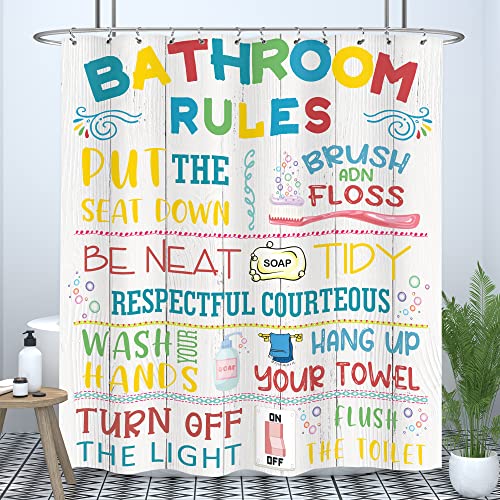 LIGHTINHOME Bathroom Rules Shower Curtain 72Wx72H Inches Kids Funny Motivational Words Colorful Inspirational Quotes Wood Planks Cloth Fabric Waterproof Polyester Bathroom Home Decor Set with Hooks