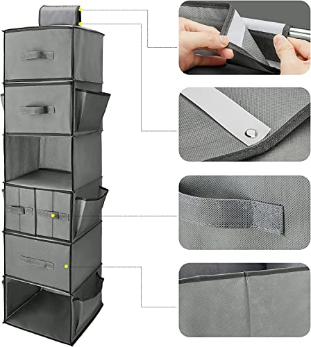 6-Shelves Hanging Closet Organizer, Hanging Closet Storage with 5 Different Drawers 6 Special Pockets for Home Bedroom, RV, Baby Nursery, Dorm Room Closet Organization