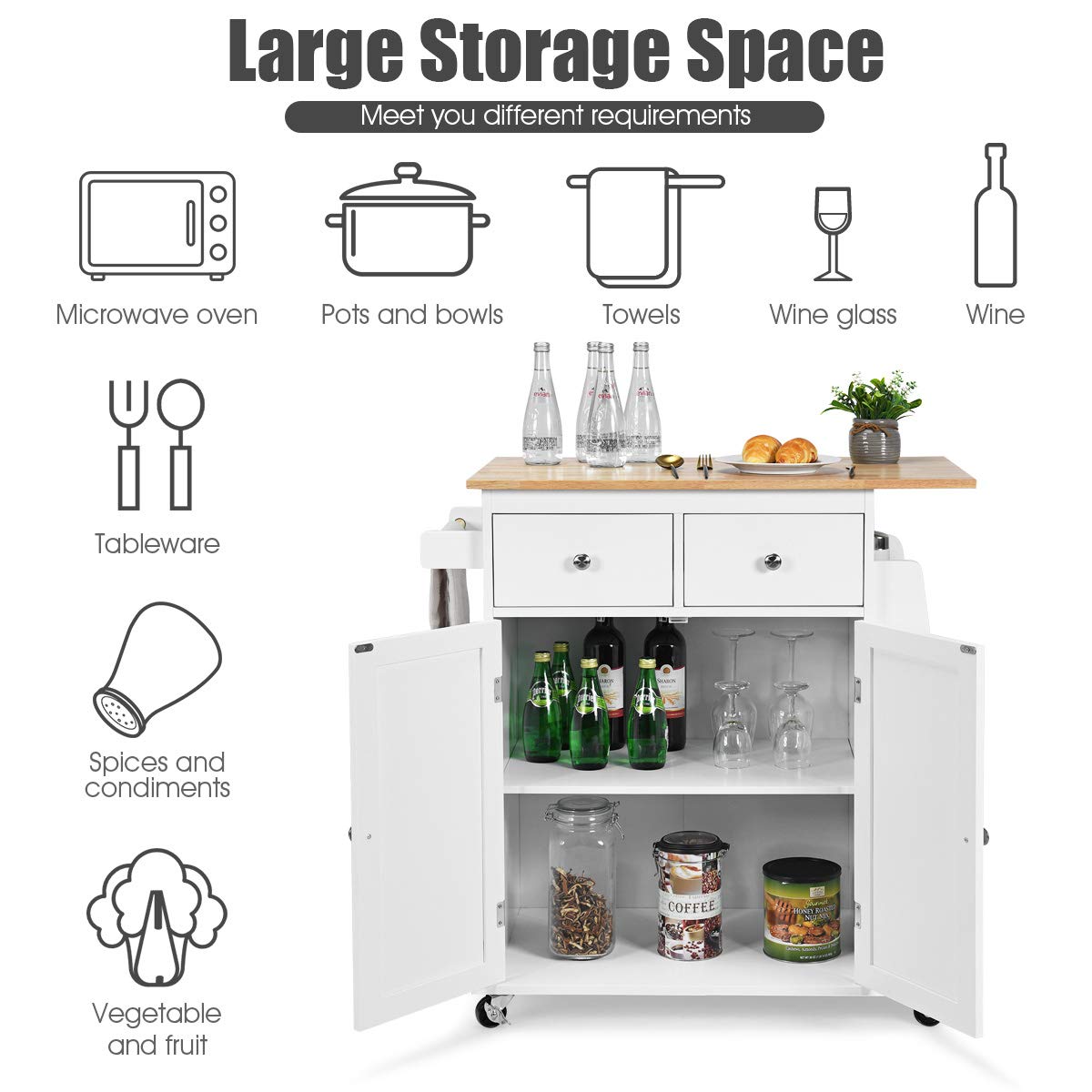 Giantex Kitchen Island Cart, Rolling Wood Trolley with Storage Cabinet, Towel Handle, 2 Drawers, Side Spice Rack and Wine Bottle Rack, Kitchen Cart on Wheels, Rubber Wood Countertop (White)