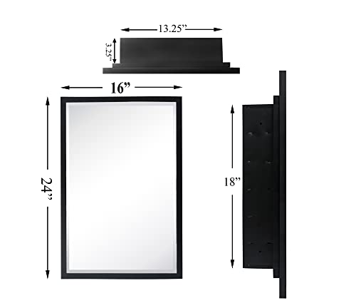 TEHOME Black Metal Framed Recessed Bathroom Medicine Cabinet with Mirror Rectangle Beveled Vanity Mirrors for Wall 16 x 24 inches