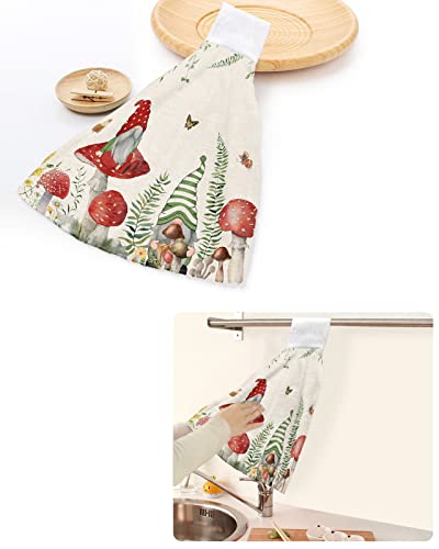 Mushroom Gnomes Hanging Kitchen Towels 2 Pack, Hand Towels with Hanging Loop for Bathroom, Spring Floral Teal Botanical Rustic Burlap Kitchen Hand Towels Absorbent Dish Cloths Tie Dry Towel 18"x14"