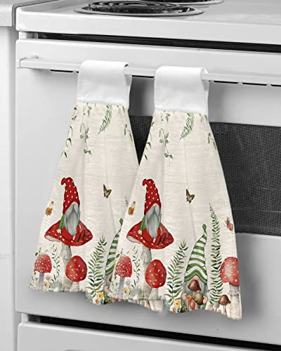 Mushroom Gnomes Hanging Kitchen Towels 2 Pack, Hand Towels with Hanging Loop for Bathroom, Spring Floral Teal Botanical Rustic Burlap Kitchen Hand Towels Absorbent Dish Cloths Tie Dry Towel 18"x14"