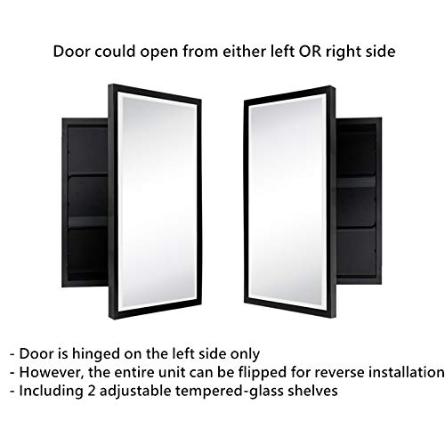 TEHOME Black Metal Framed Recessed Bathroom Medicine Cabinet with Mirror Rectangle Beveled Vanity Mirrors for Wall 16 x 24 inches