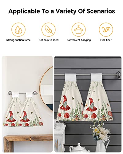 Mushroom Gnomes Hanging Kitchen Towels 2 Pack, Hand Towels with Hanging Loop for Bathroom, Spring Floral Teal Botanical Rustic Burlap Kitchen Hand Towels Absorbent Dish Cloths Tie Dry Towel 18"x14"