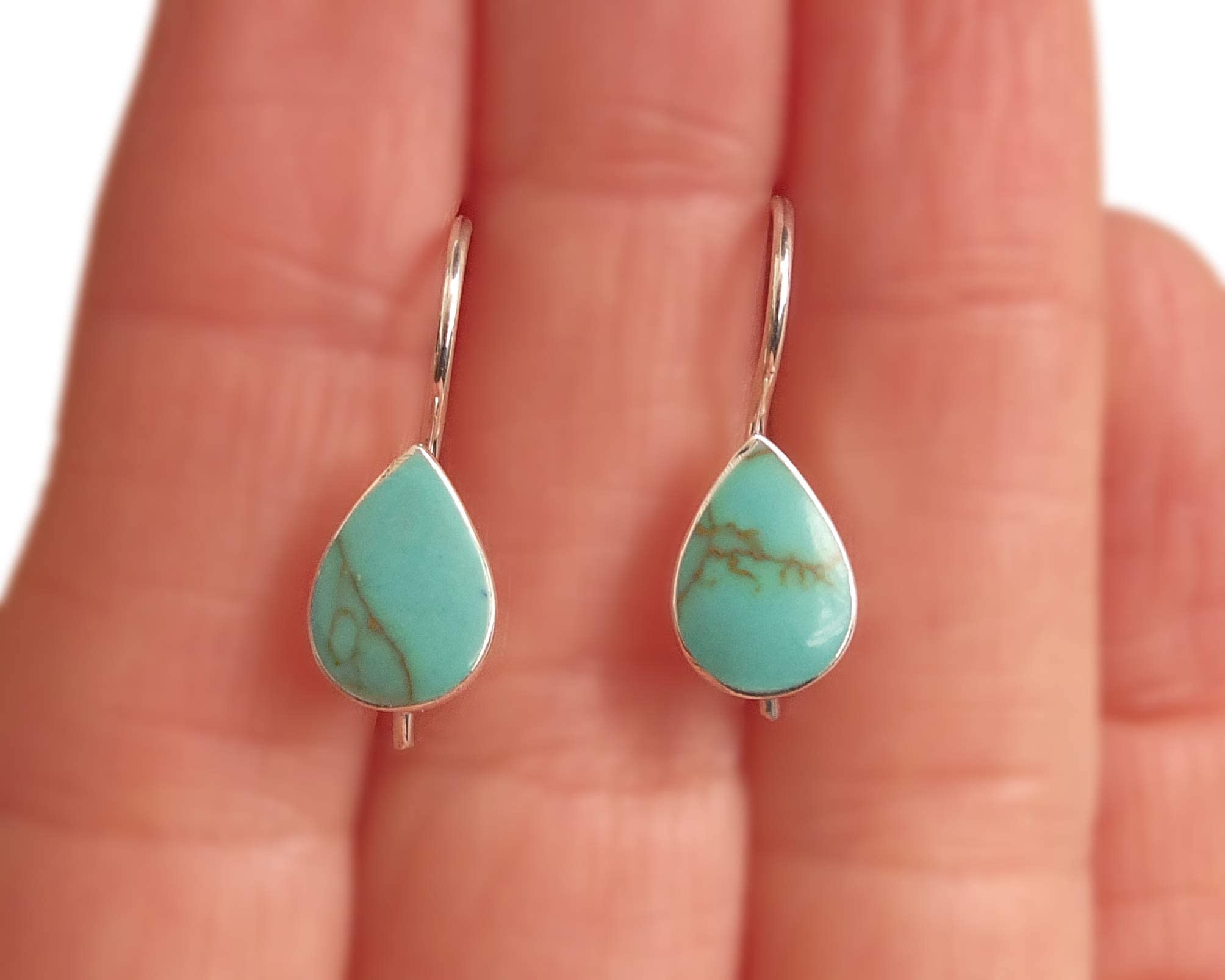 Handmade Turquoise Dangle Earrings, 925 Sterling Silver, Pear Shape 11x8mm Reconstructed Turquoise Gemstone Drop Earrings for Women, Tarnish & Water Resistant, By MiYa Jewelry Creations