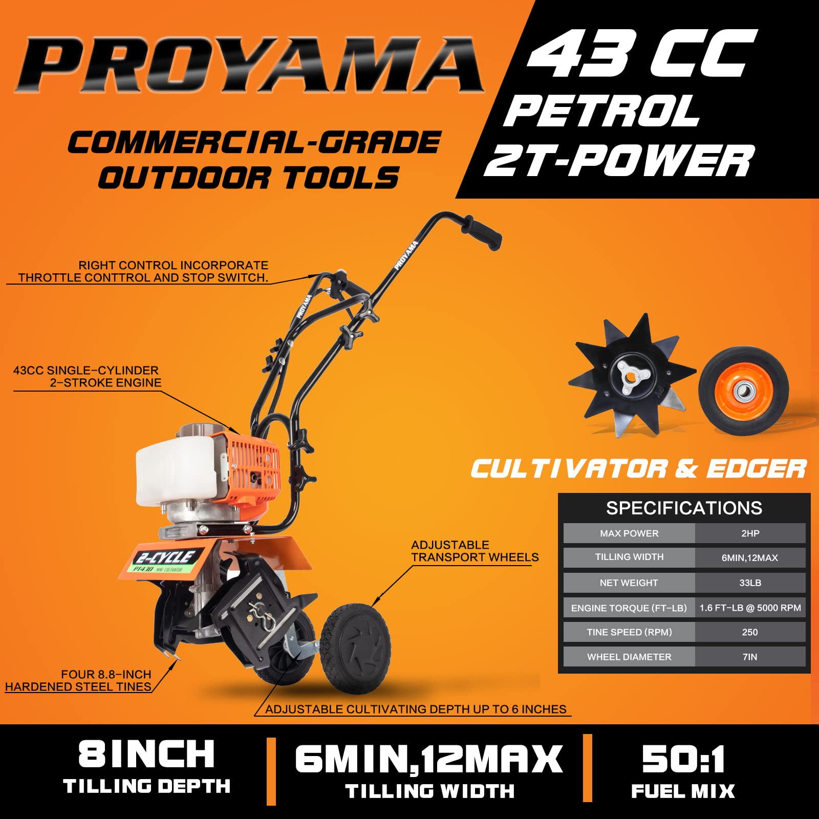 PROYAMA Gas Tiller Cultivator, 43cc 2-Cycle Garden Tiller, 2 in 1 Gas Powered Cultivators with Edger Kit, 4 Steel Tines, 6-12β Adjustable Width, 8β Max Depth