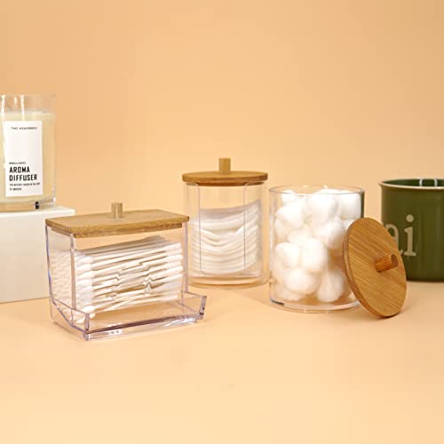 Yujanery 3 Pack Qtip Holder, 10/7-Ounce Bathroom Organizer Accessories Storage Containers Clear Plastic Apothecary Jars with Bamboo Lids for Cotton Ball, Cotton Swab, Floss