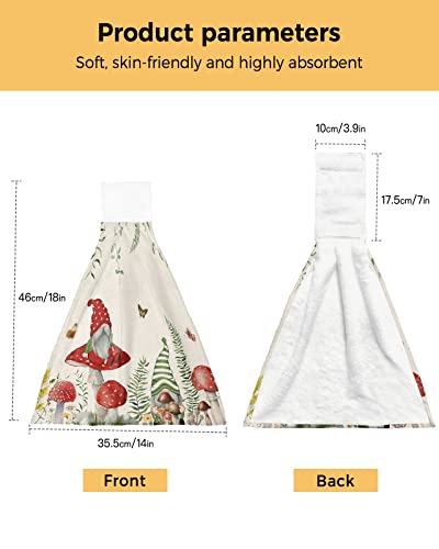 Mushroom Gnomes Hanging Kitchen Towels 2 Pack, Hand Towels with Hanging Loop for Bathroom, Spring Floral Teal Botanical Rustic Burlap Kitchen Hand Towels Absorbent Dish Cloths Tie Dry Towel 18"x14"