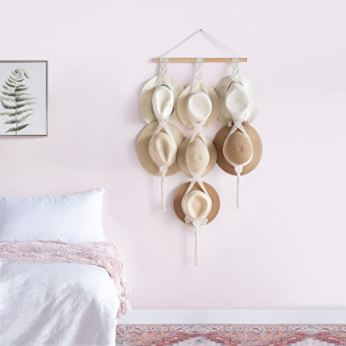 Dahey Macrame Hat Hangers Hat Rack for Wall Cowboy Hat Holder 7 Hats Style and Hat Organizer for Closet Hat Holder Organizer with 32 Stainless Steel Clips, Set of 2