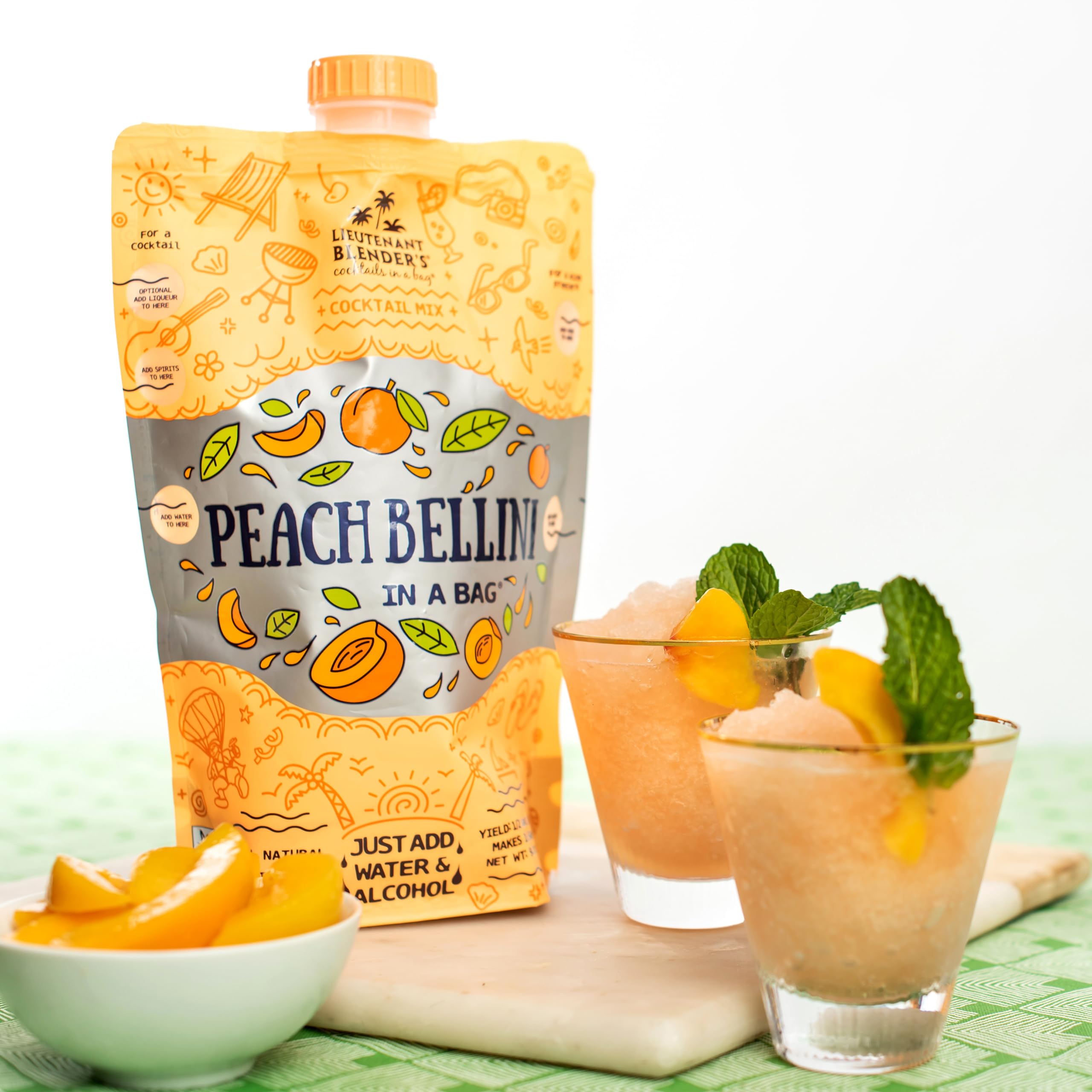 Lt. Blender's Peach Bellini in a Bag - Wine Slushie Mixes - Each Bag Makes 1/2 Gallon of Frozen Peach Bellini Mix – Non-GMO Wine Freezer mix - Make with Wine, Liquor or as a Mocktail - (Pack of 3)