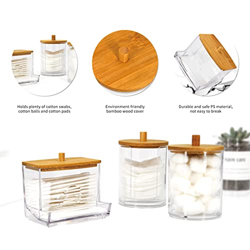 Yujanery 3 Pack Qtip Holder, 10/7-Ounce Bathroom Organizer Accessories Storage Containers Clear Plastic Apothecary Jars with Bamboo Lids for Cotton Ball, Cotton Swab, Floss