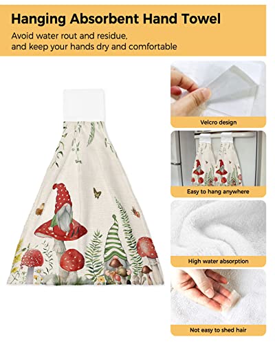 Mushroom Gnomes Hanging Kitchen Towels 2 Pack, Hand Towels with Hanging Loop for Bathroom, Spring Floral Teal Botanical Rustic Burlap Kitchen Hand Towels Absorbent Dish Cloths Tie Dry Towel 18"x14"