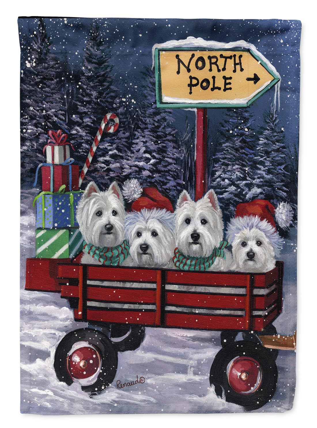 Caroline's Treasures PPP3227GF Westie Christmas Red Wagon Garden Flag Mailbox Flag Decorative Yard Flag Banner Outside Patio Artwork Yard Flower Beds, Garden Size, Multicolor
