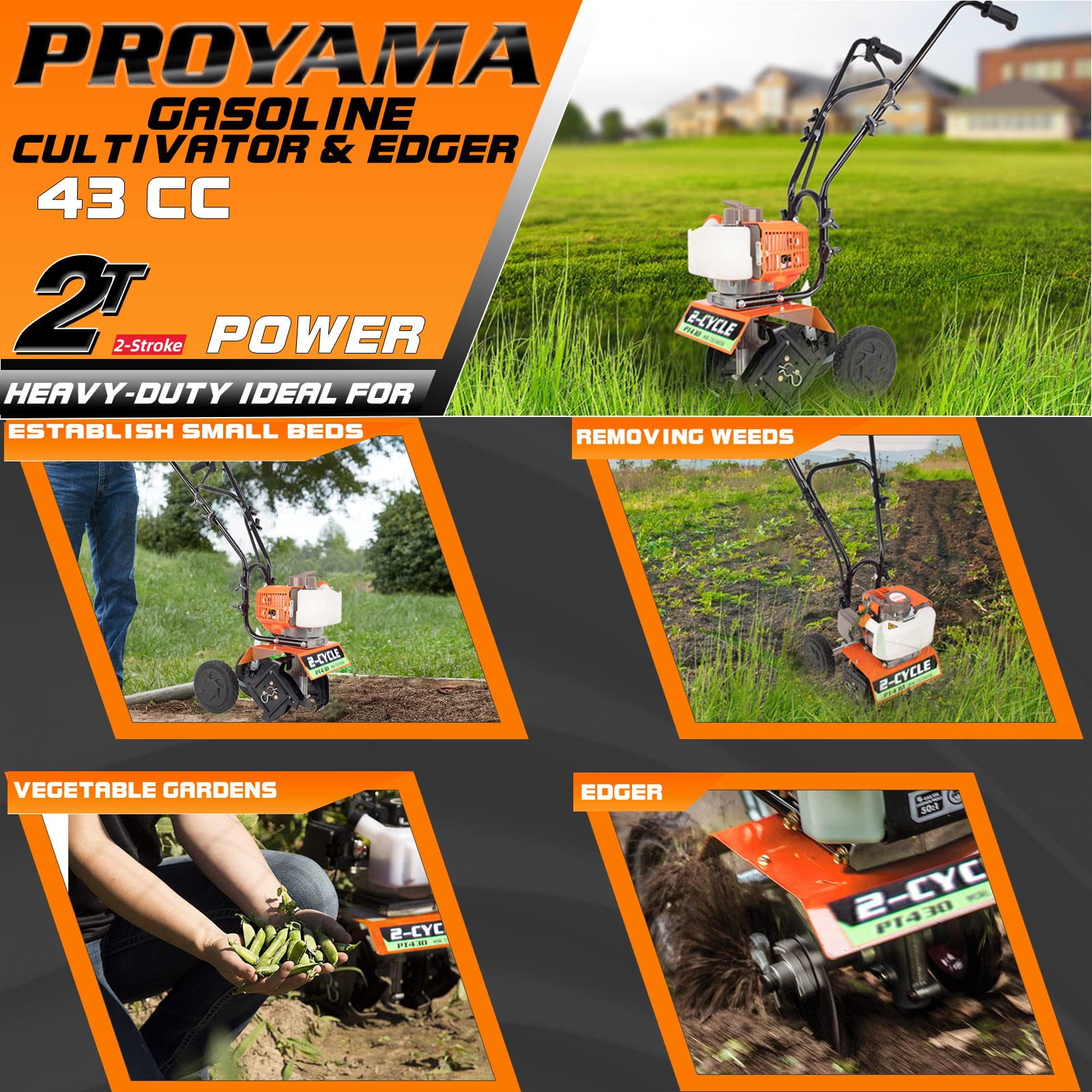 PROYAMA Gas Tiller Cultivator, 43cc 2-Cycle Garden Tiller, 2 in 1 Gas Powered Cultivators with Edger Kit, 4 Steel Tines, 6-12β Adjustable Width, 8β Max Depth